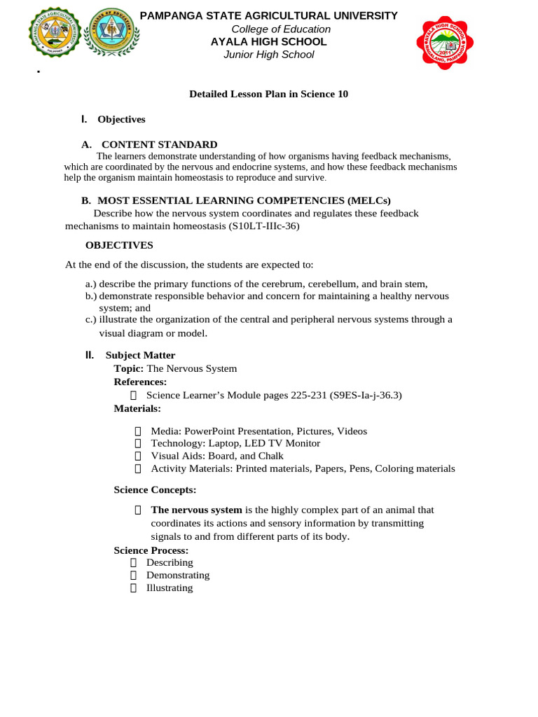 Science 10 Lesson Plan: Nervous System | PDF | Central Nervous System ...