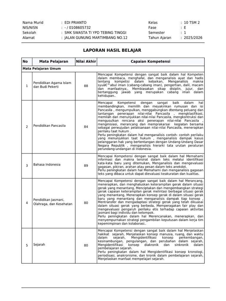Laporan Hasil Belajar Edi Prianto TSM 2 | PDF