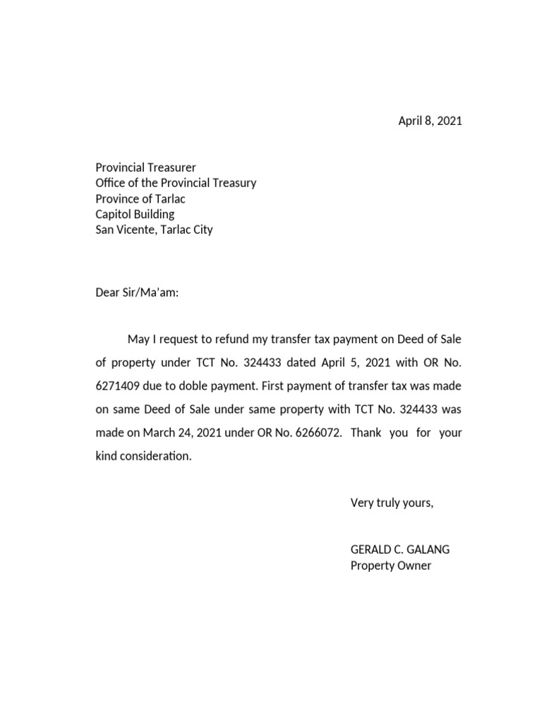 Transfer Tax Refund Request Letter | PDF