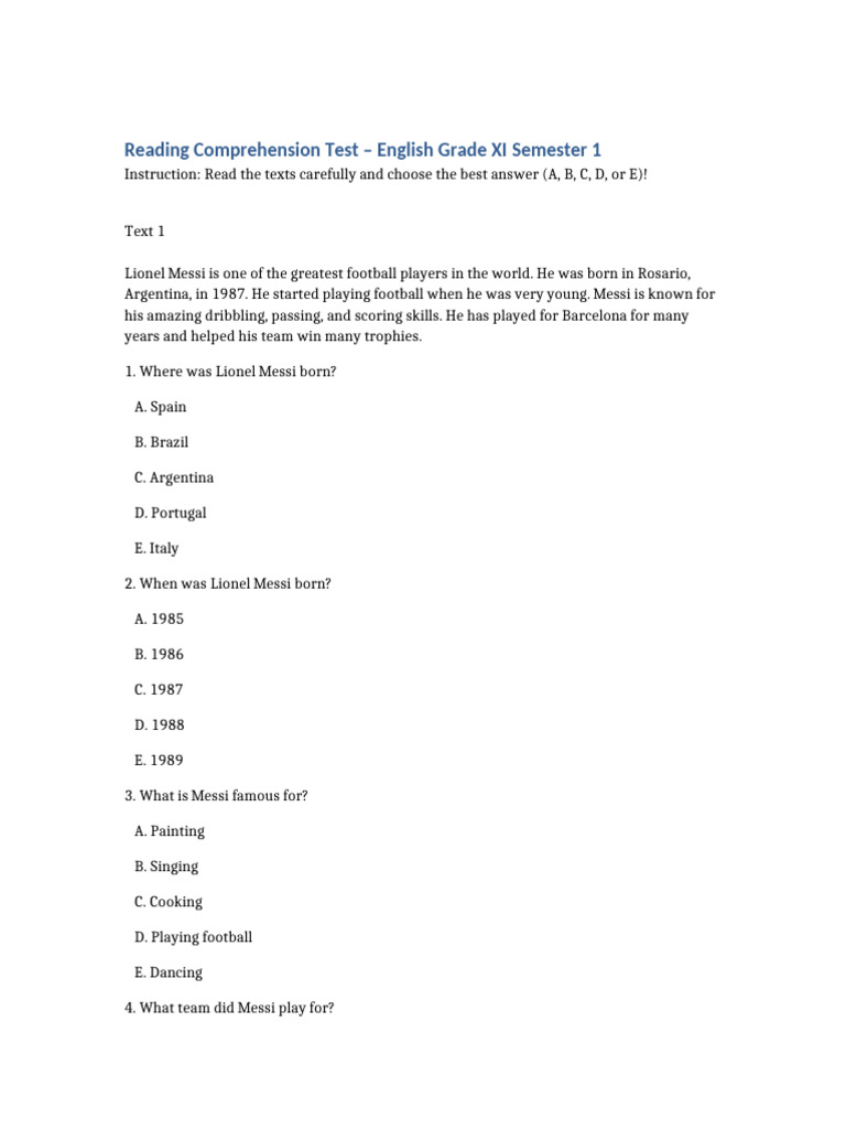 Grade XI English Reading Test | PDF | Volcano | Lionel Messi