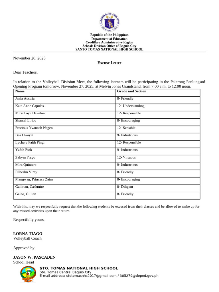 Excuse Letter Volleyball | PDF