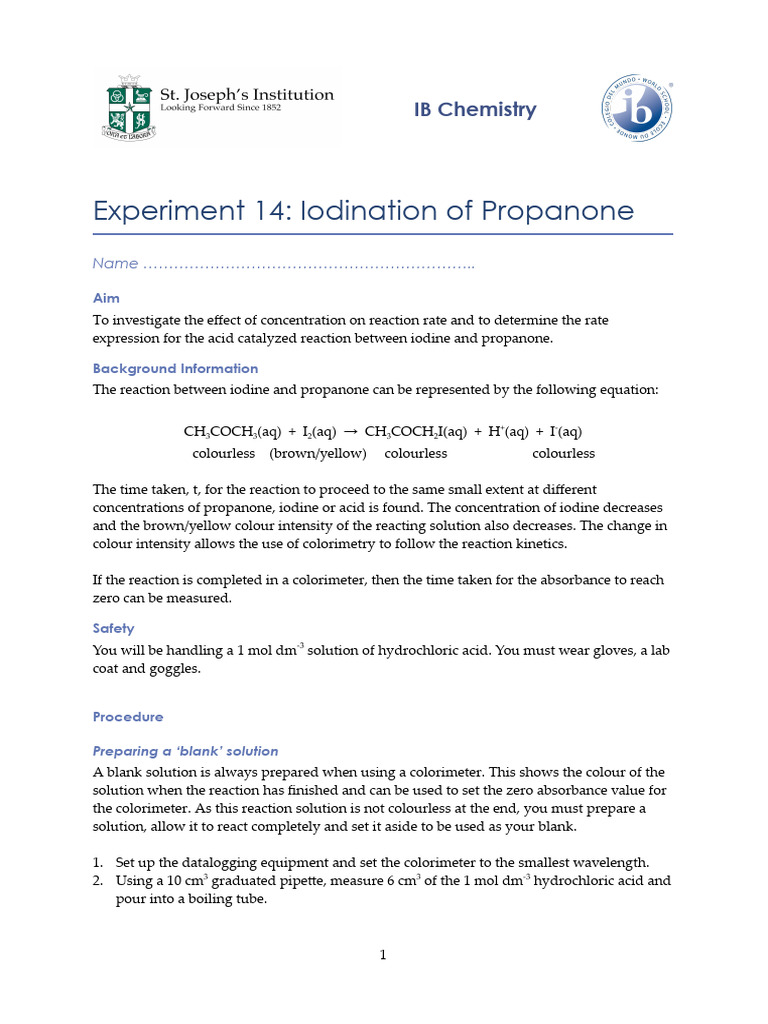 Experiment 14 - Iodination of Propanone | PDF | Acid | Applied And ...