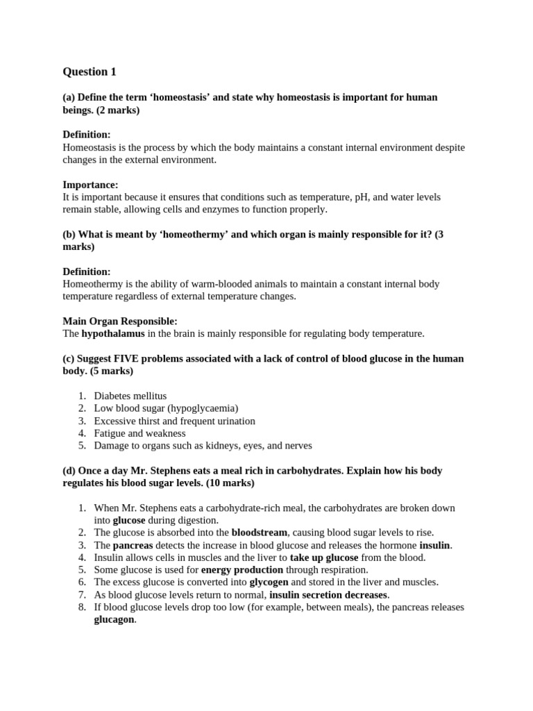 Homeostasis Exam Questions | PDF | Homeostasis | Glucose