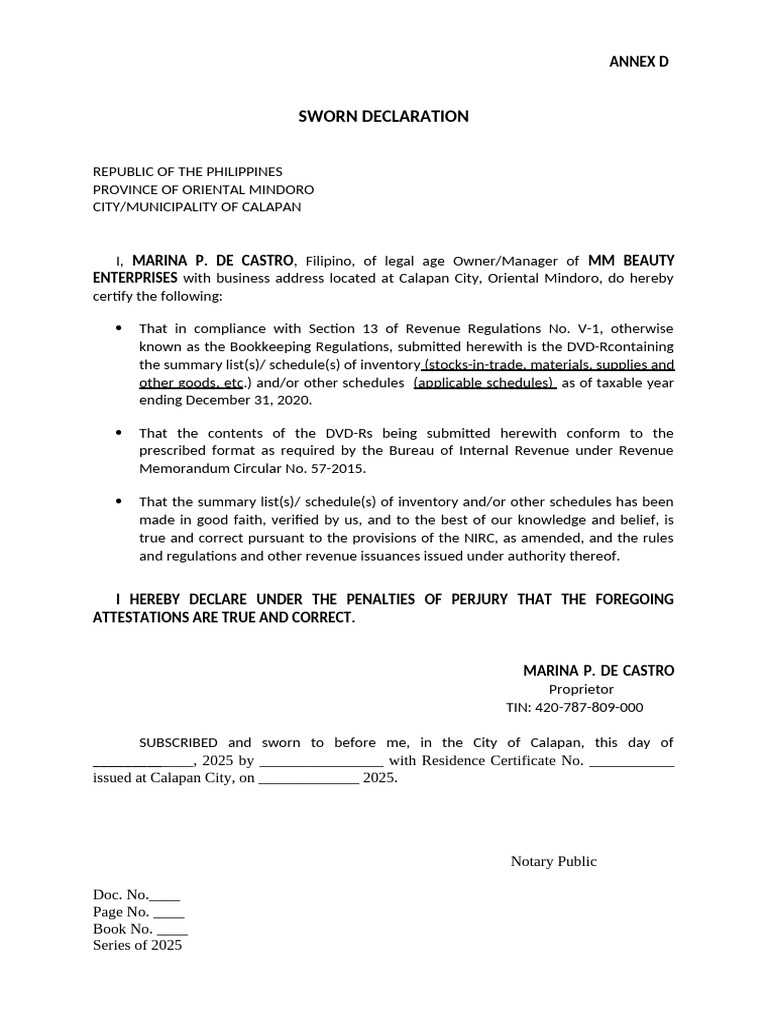 Sworn Declaration for Inventory Submission | PDF | Notary Public ...