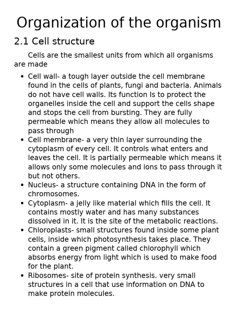 Unit 2 Organization of the Organism | PDF | Cell (Biology) | Cytoplasm