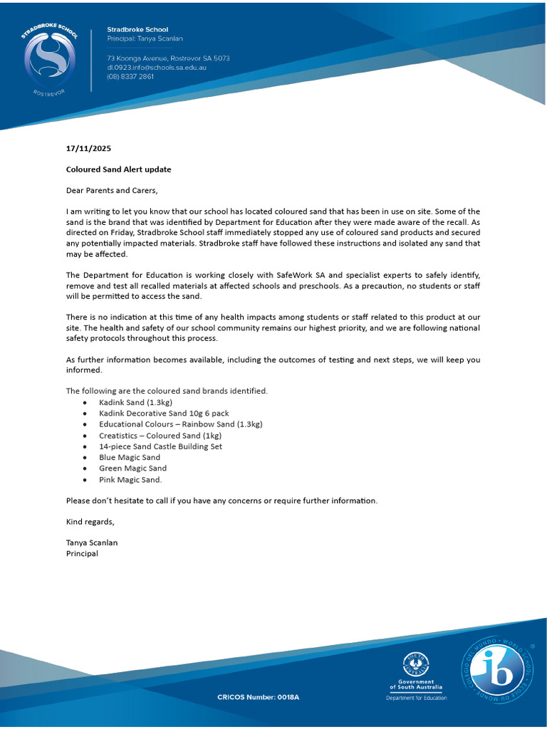 Parent Letter Re Coloured Sand Recall 17.11.25 | PDF