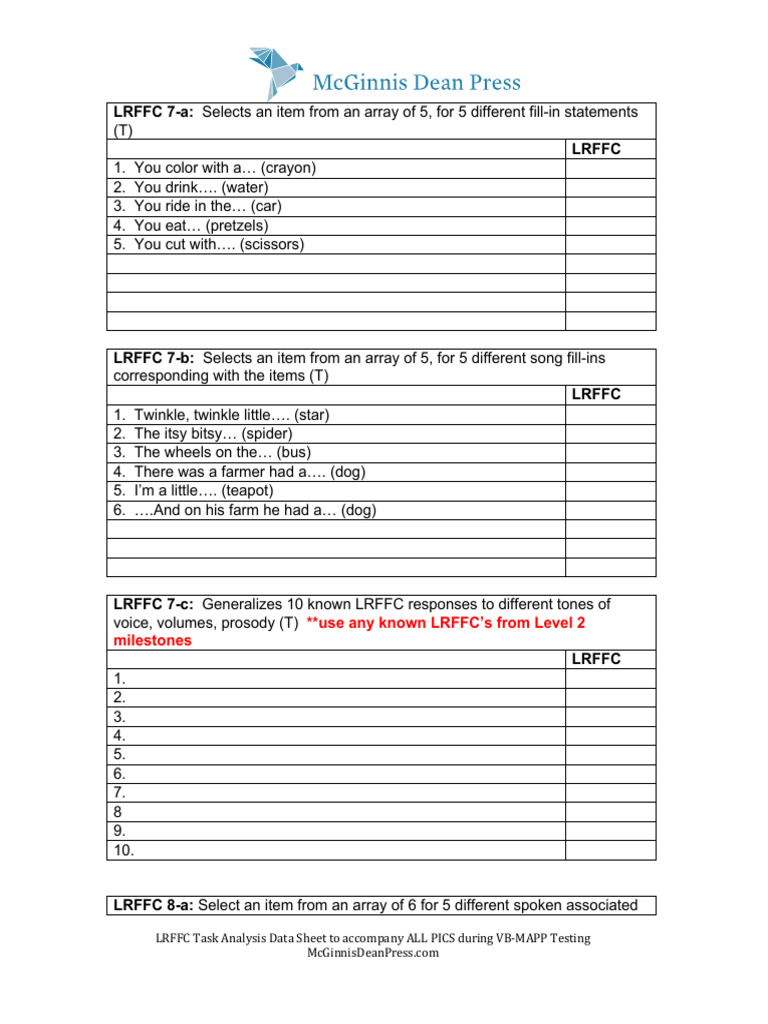 LRFFC Task Analysis for VB-MAPP Testing | PDF