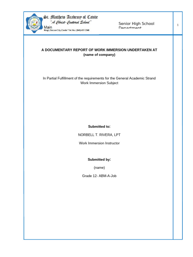 Work Immersion Report for Senior High School | PDF