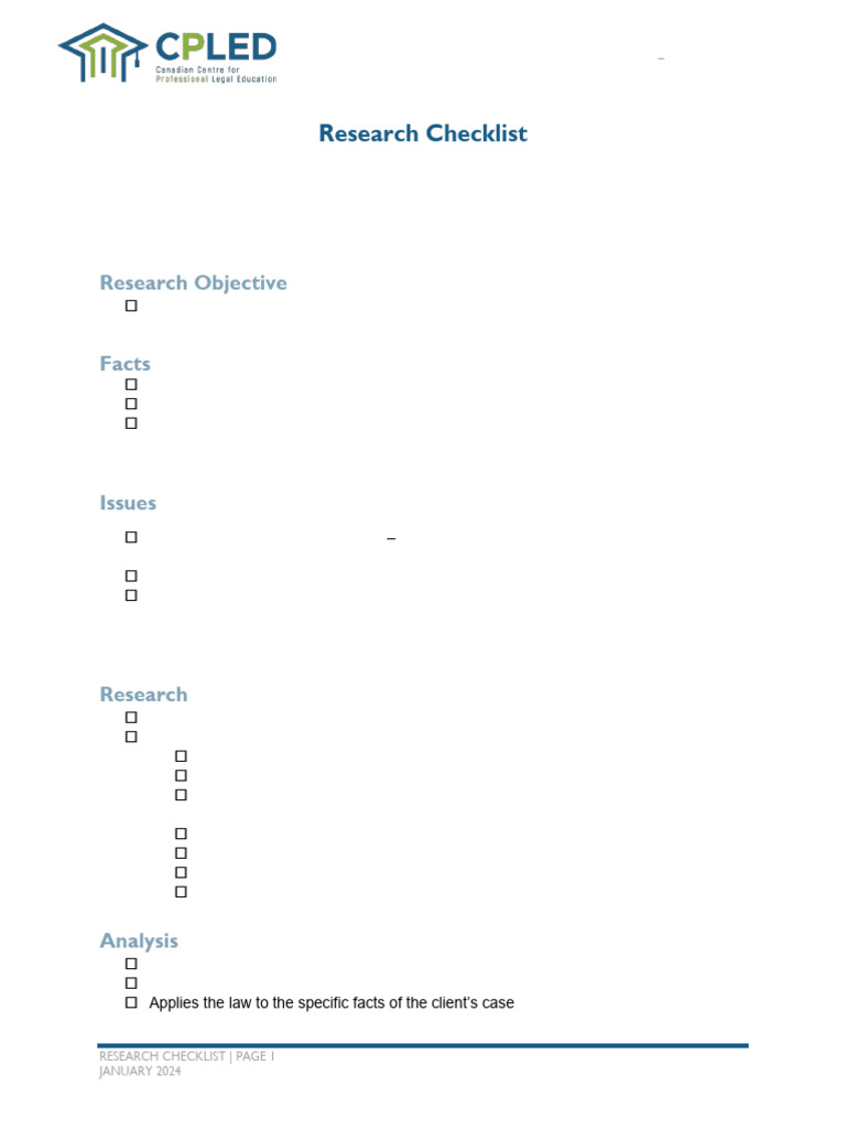 Legal Research Checklist Guide | PDF | Brief (Law) | Justice