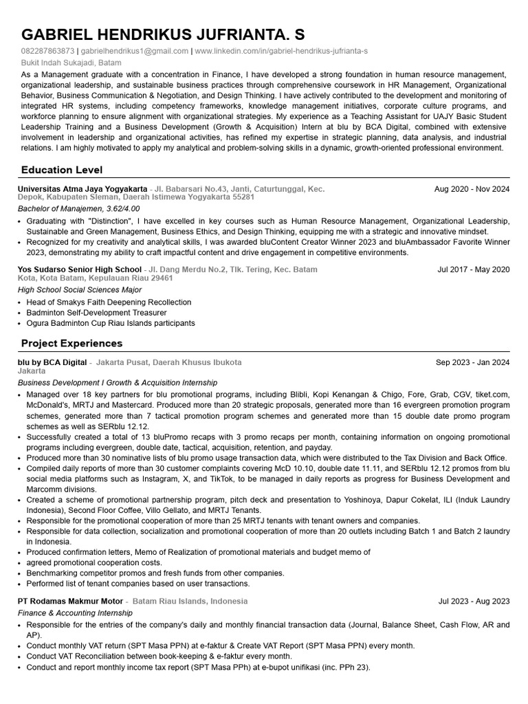 Gabriel Hendrikus Jufrianta's CV | PDF | Human Resource Management ...