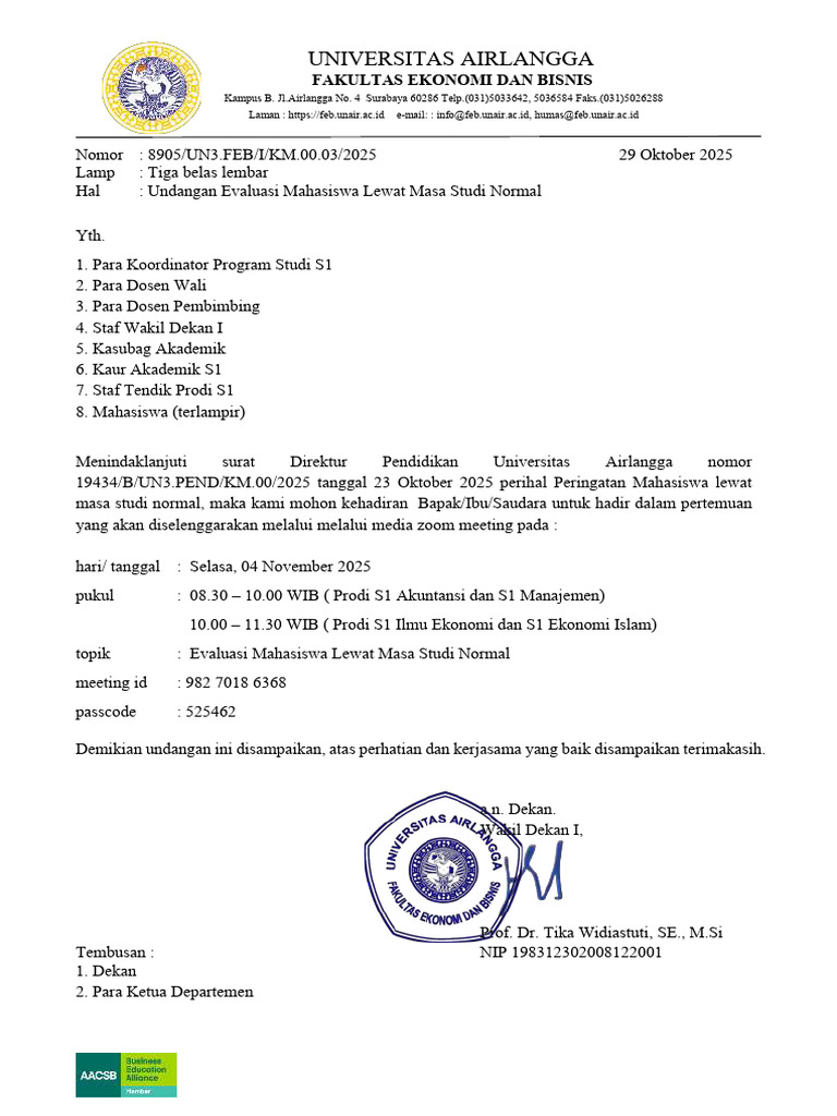 Undangan Evaluasi Mahasiswa S1 Unair | PDF