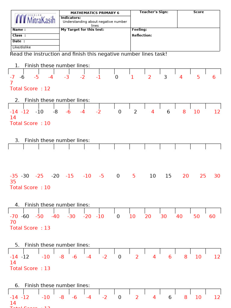 Primary 6 Negative Number Lines Task | PDF