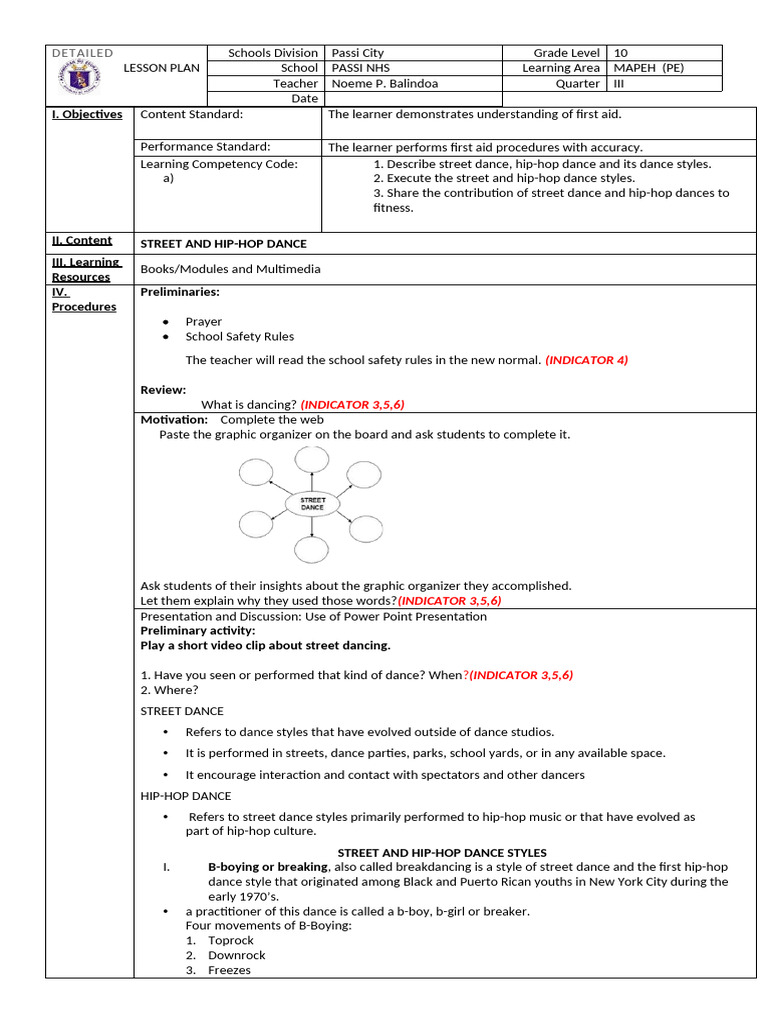 Grade 10 MAPEH Lesson Plan: Dance Styles | PDF | Learning | Teachers