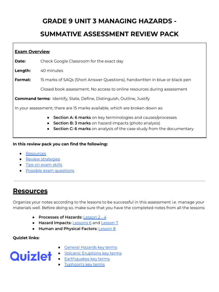 Unit 3 Summative Assessment - Review Pack | PDF | Natural Disasters ...