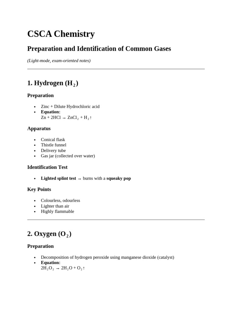 Preparation and Identification of Common Gases | PDF | Chlorine ...