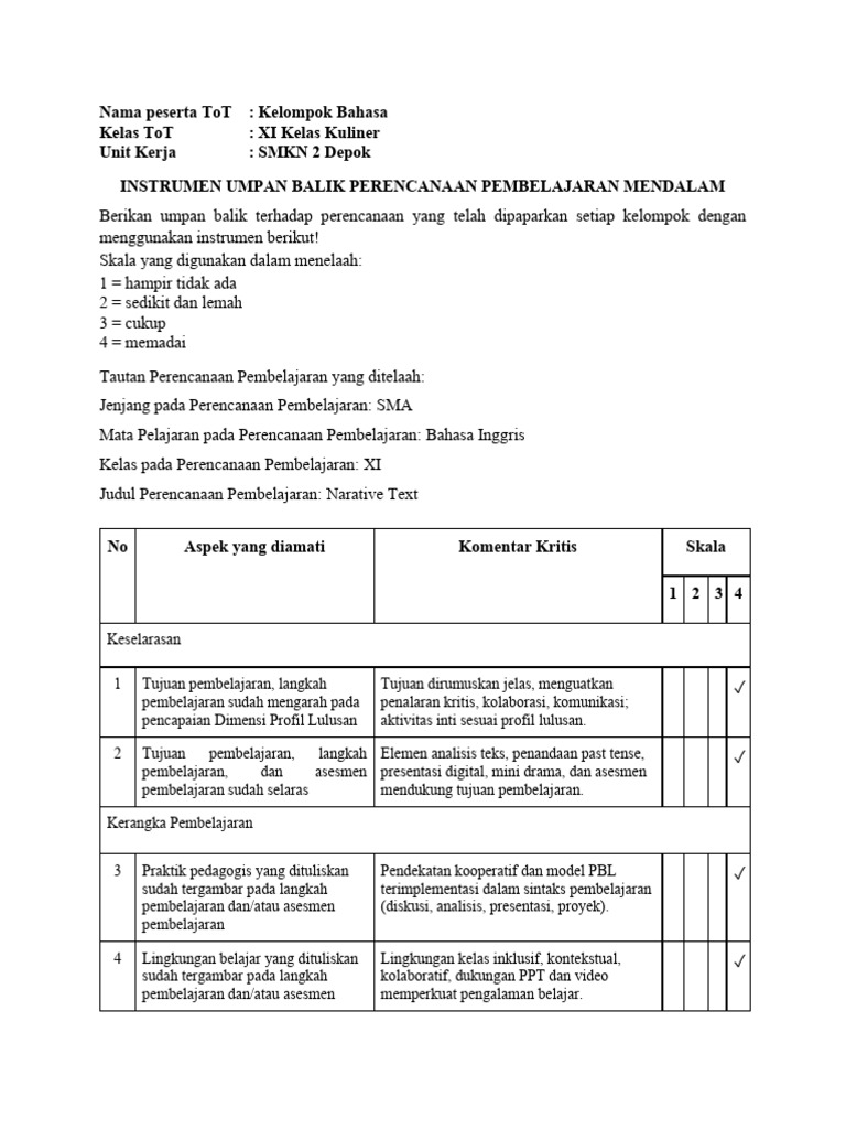 OJT.4. - Windi Damayanti - SMKS Dwiguna - Instrumen Telaah RPP | PDF
