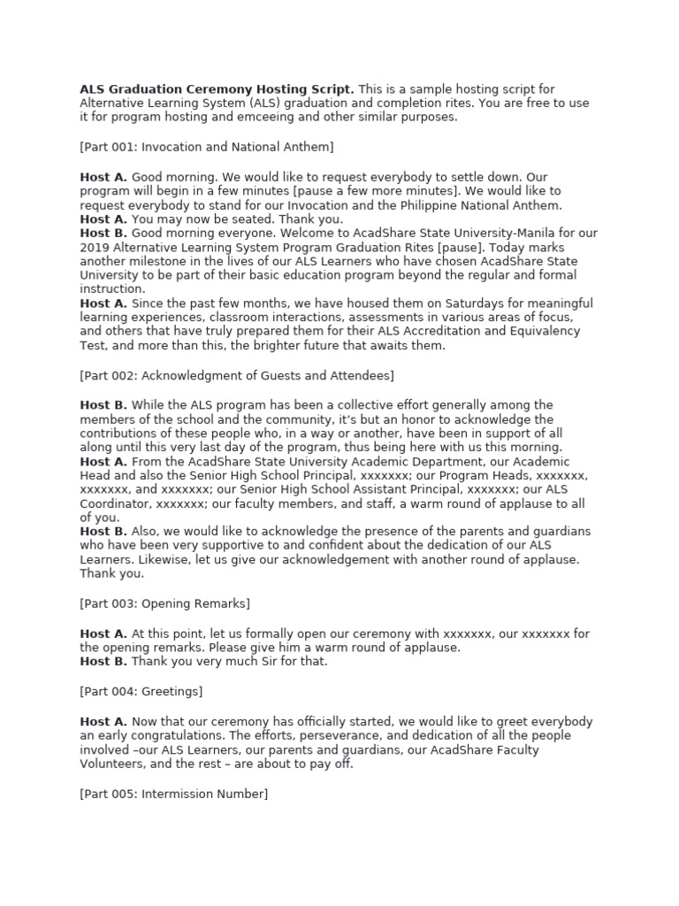 Graduation Ceremony Hosting Script | PDF | Learning
