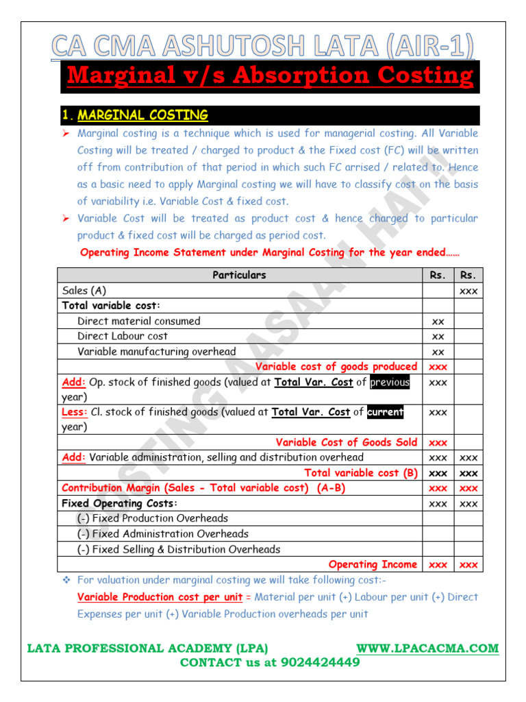 Marginal vs Absorption Notes by CA CMA ASHUTOSH LATA 2 | PDF | Cost Of ...