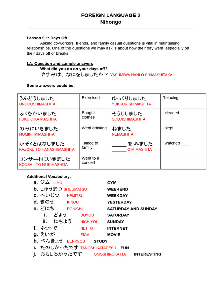 Lesson 9.1 - Days Off | PDF