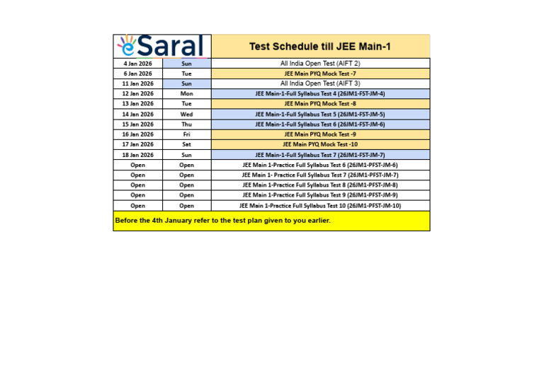 JEE Main-1 Test Schedule 2026 | PDF