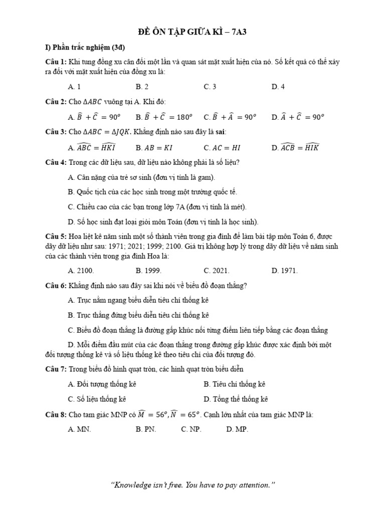 7A3 - Đề ôn tập GKII | PDF