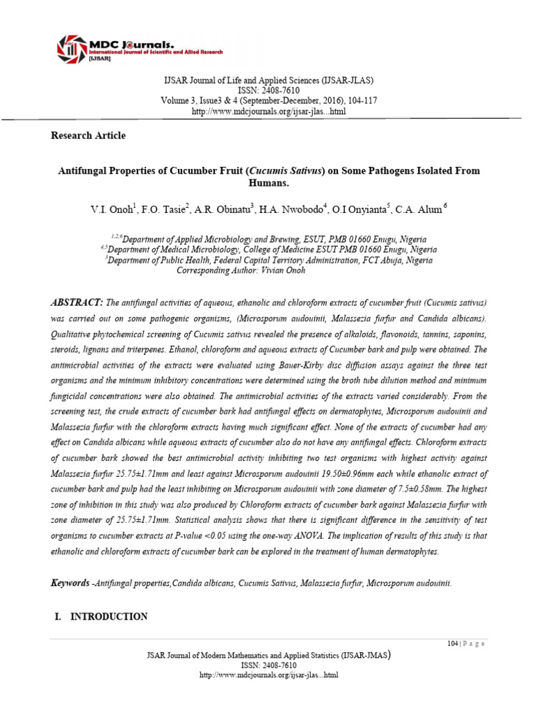 Antifungal Properties of Cucumber Fruit (Cucumis Sativus) on Some ...
