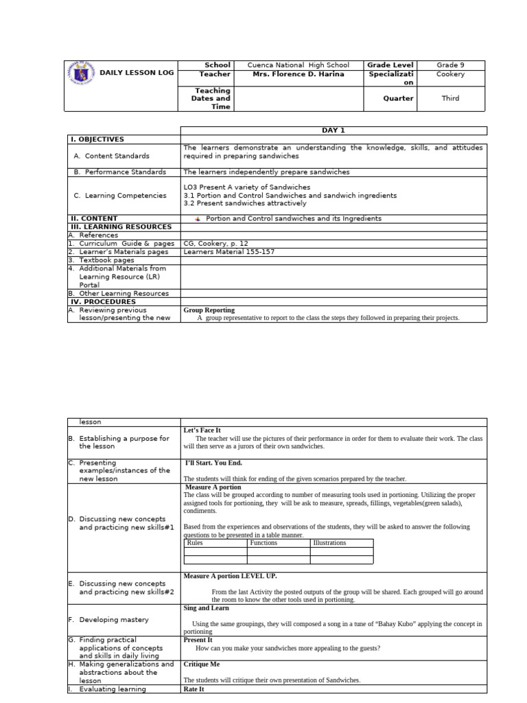 LO3 Sandwich | PDF | Teachers | Learning