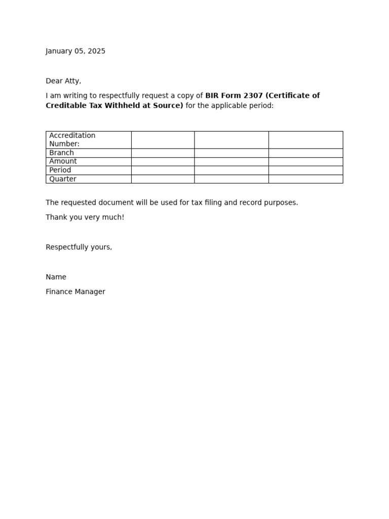 Request for BIR Form 2307 Copy | PDF