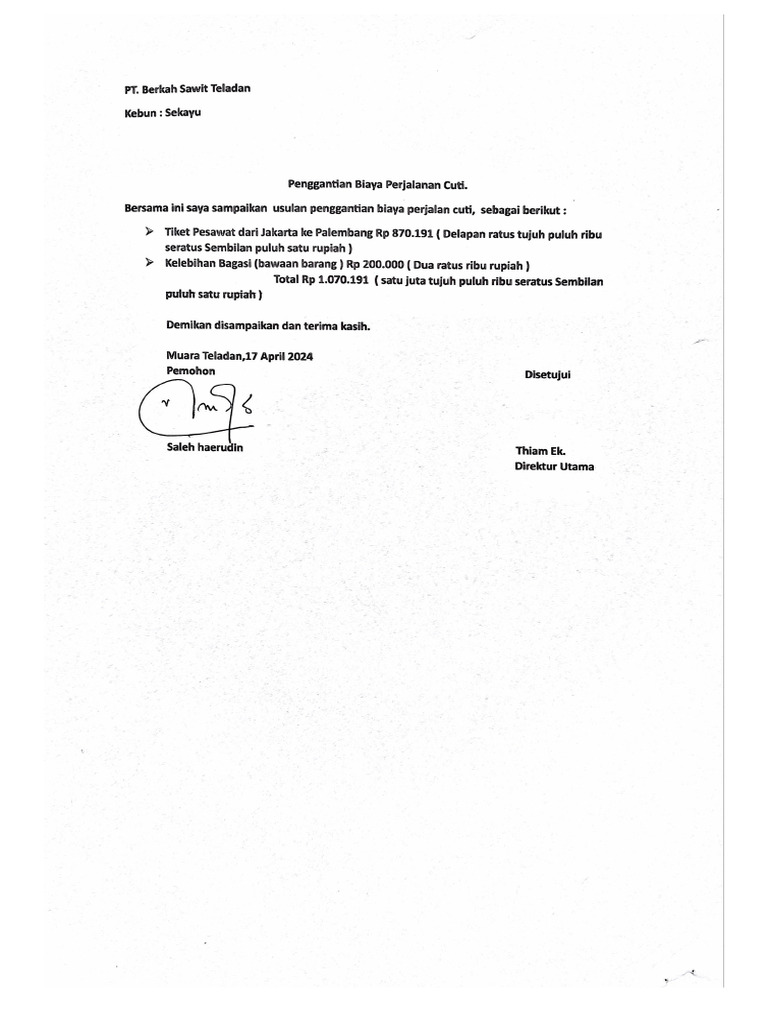 Biaya Tiket Perjalanan Cuti (Pak Saleh) | PDF