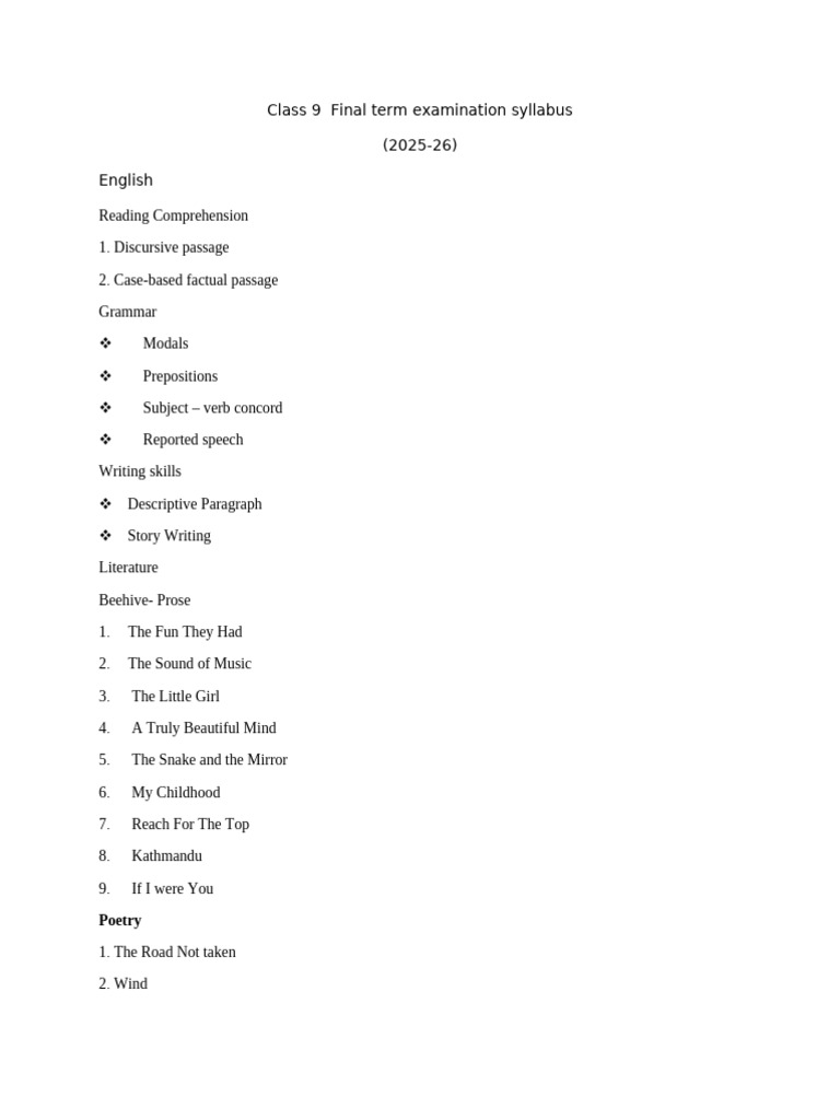 Final Term Syllabus Grade 9 | PDF