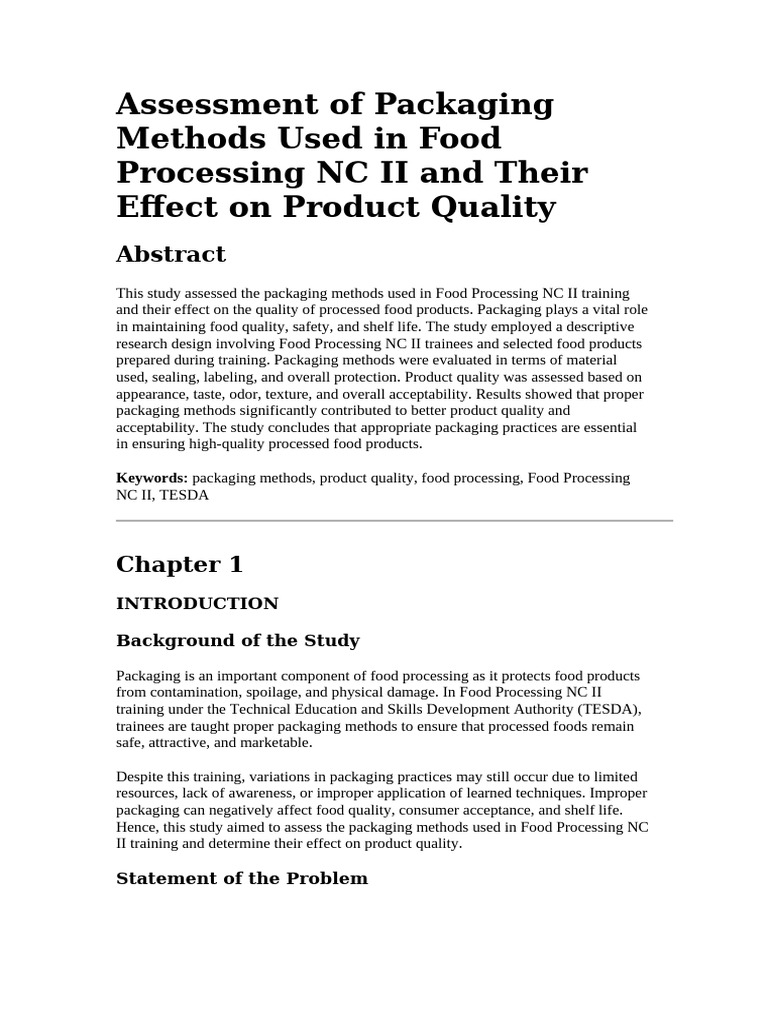 Assessment of Packaging Methods Used in Food Processing NC II and Their ...