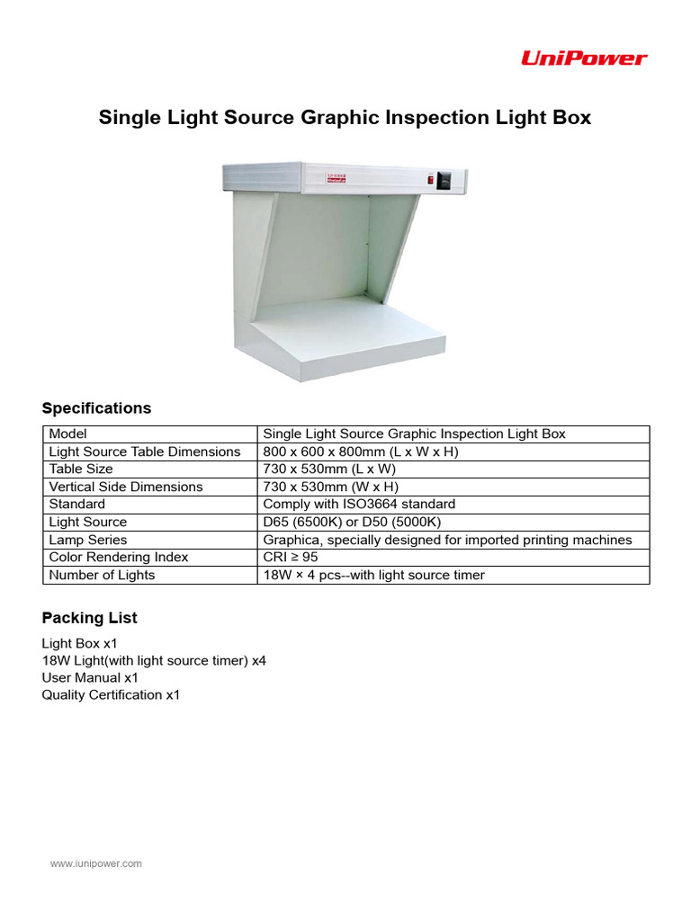 Specification - Single Light Source Light Box | PDF
