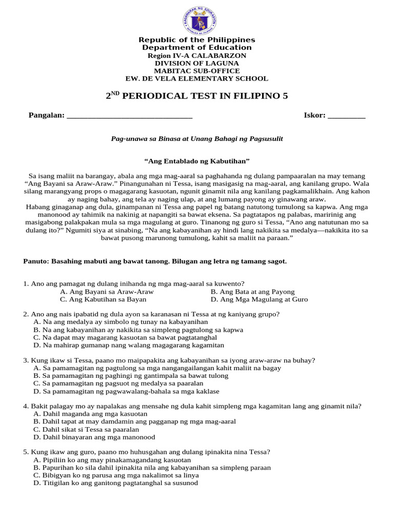 Dtc_pt_q2 Filipino 5 Matatag With Tos Key | PDF