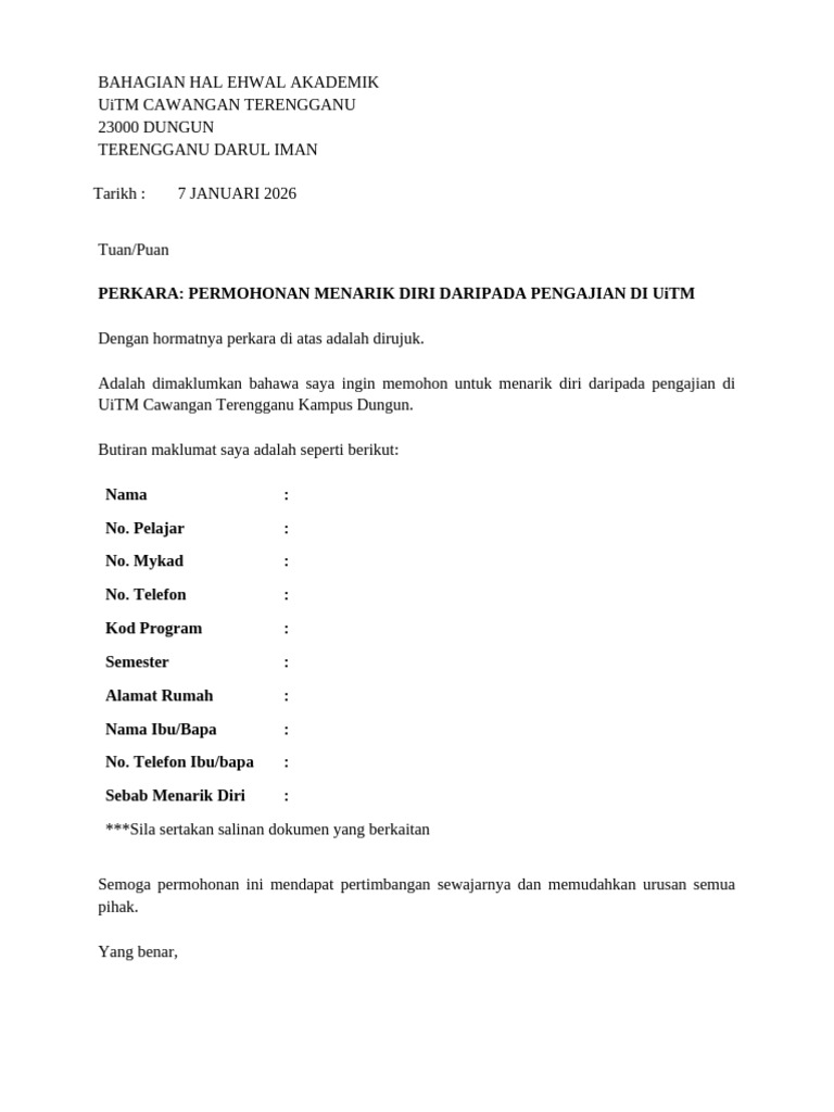 Contoh Surat Menarik Diri | PDF