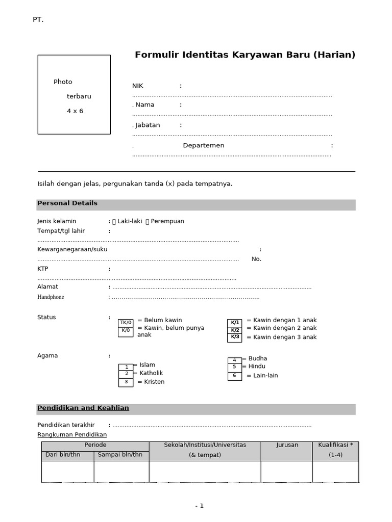 Formulir Identitas Karyawan Baru | PDF