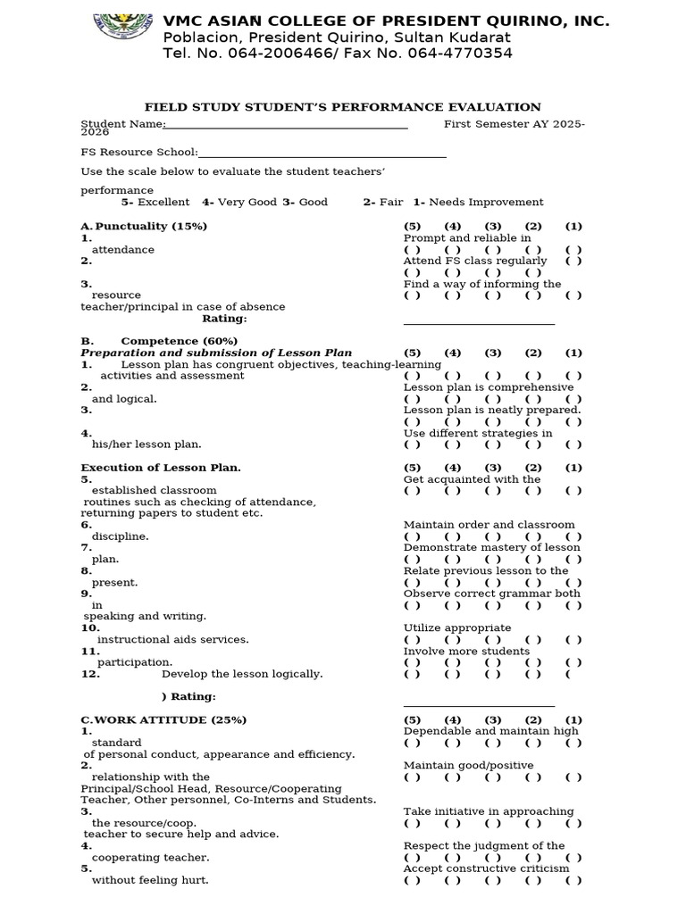 Field Study Performance Evaluation Form | PDF | Teachers | Lesson Plan
