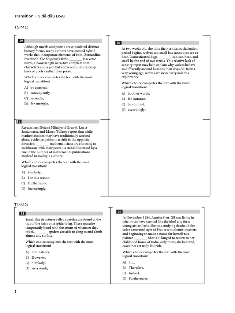Transition- 3 Đề Đầu DSAT - Questions | PDF