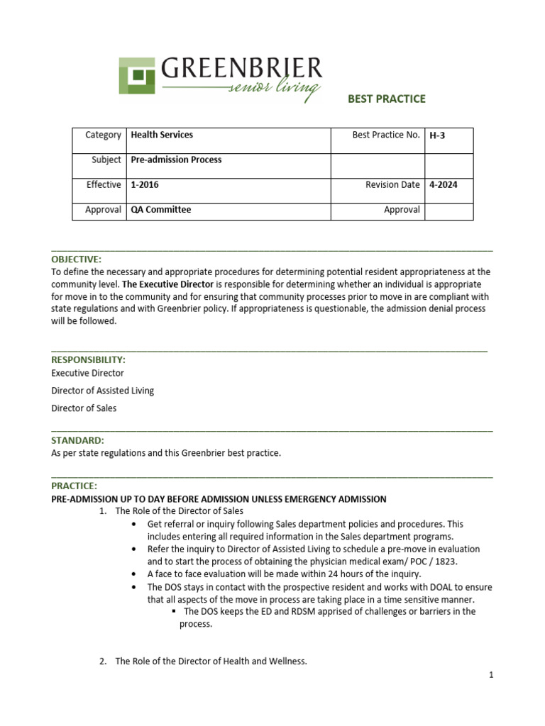 Pre-Admission Process for Assisted Living | PDF | Physical Therapy ...