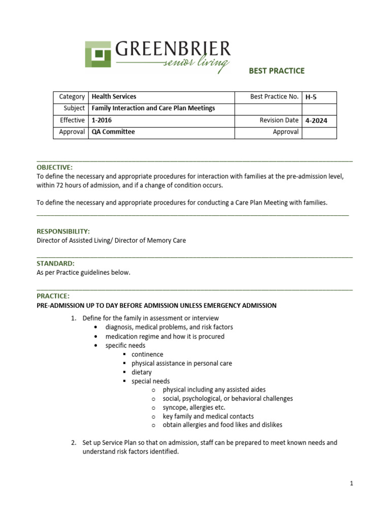 H5 Best Practice Family Interaction and Care Plan Meetings | PDF | Risk ...