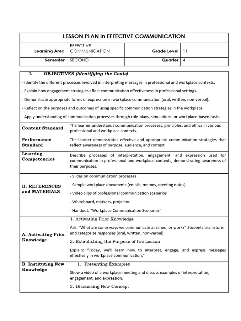 Effective Communication Lesson Plan | PDF | Communication | Learning