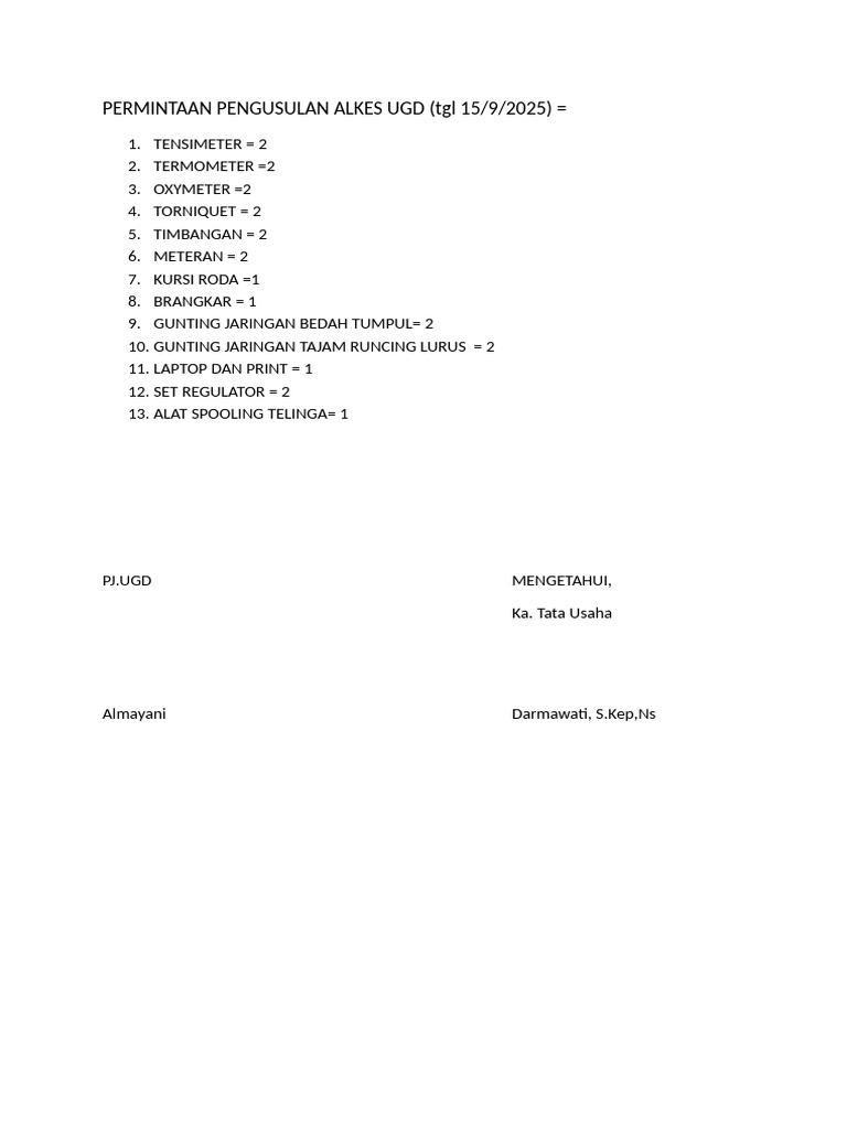 Permintaan Pengusulan Alkes Ugd | PDF