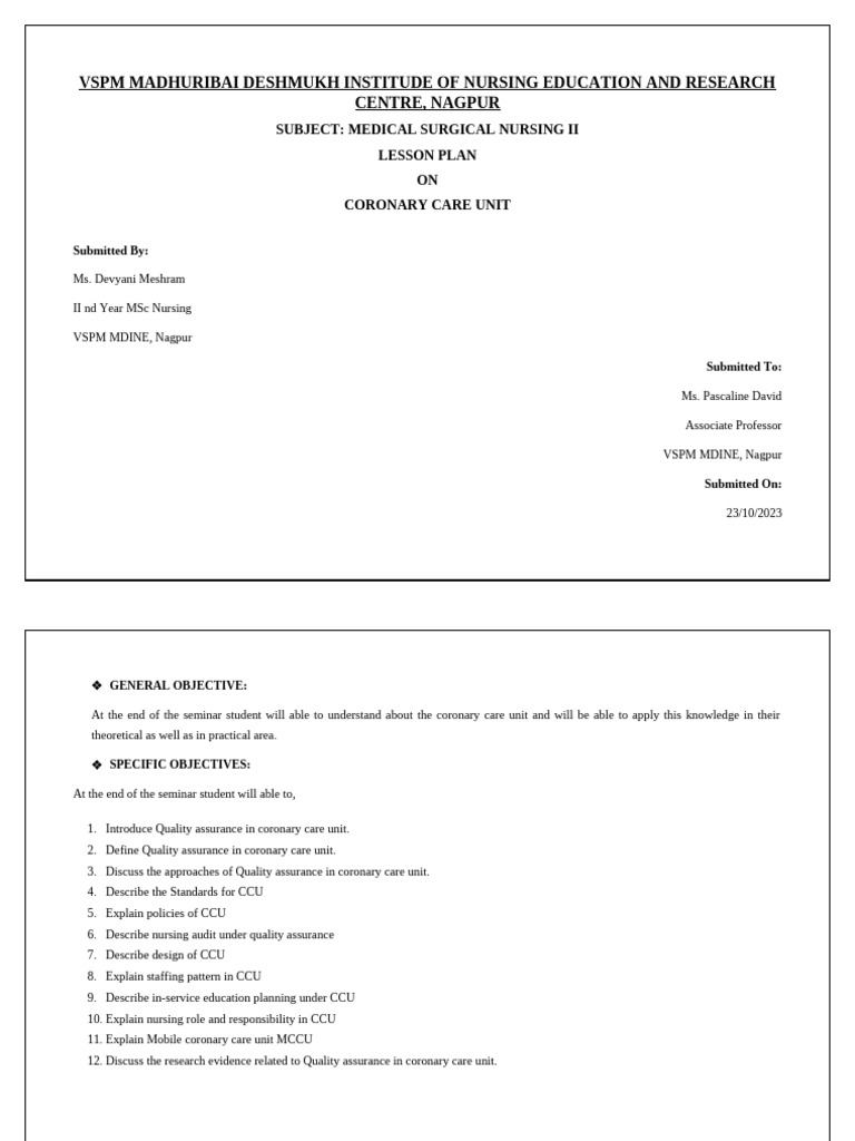 CCU Lesson Plan | PDF | Nursing | Audit