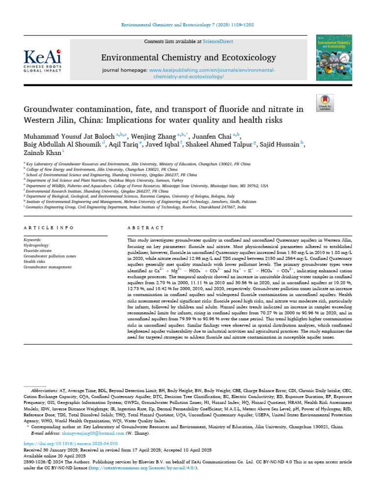 Fluoride and Nitrate in Jilin Groundwater | PDF | Magnesium | Groundwater