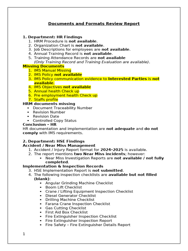 HR, HSE, IT & Maintenance Document Gaps | PDF | Human Resource ...