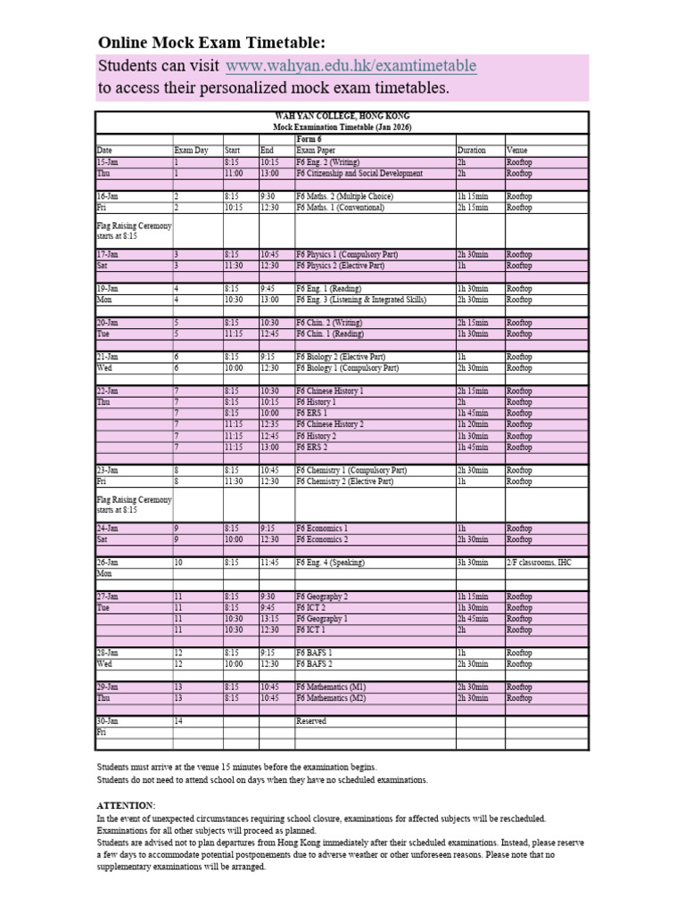 Wah Yan College F6 Mock Exam Schedule | PDF | Educational Assessment ...