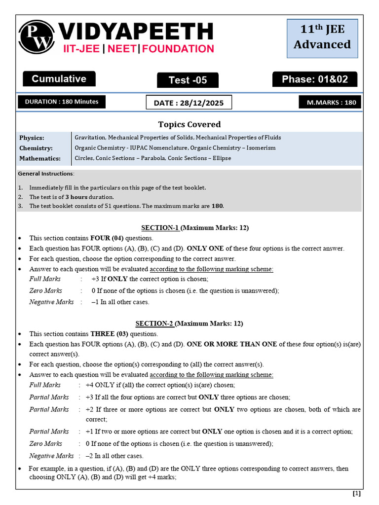 Cumulative Adv Test 05 Paper 01 Class 11th Phase 01&02!28!12 2025 | PDF ...