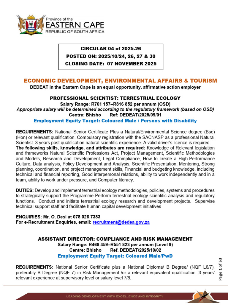 Eastern Cape DEDEAT Job Vacancies 2025 | PDF | Regulatory Compliance ...