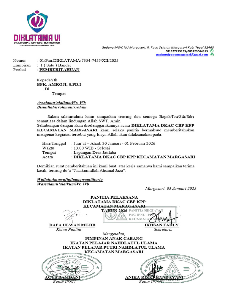 Surat Permohonan Pemateri Diklatama BPK Amroji, S.pd.i | PDF