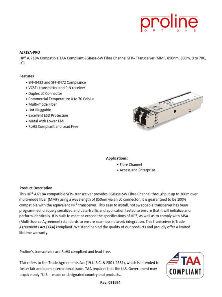 TAA Compliant 8G Fibre Channel SFP+ Transceiver | PDF | Electronics ...