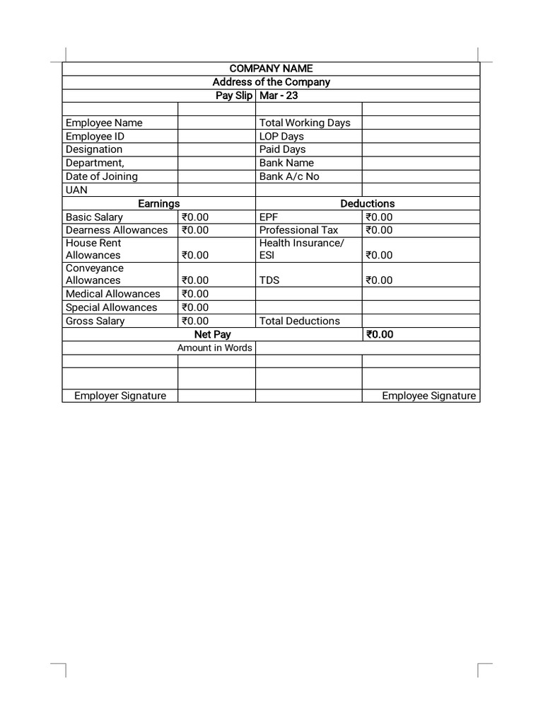 Pay Slip Format in Word | PDF